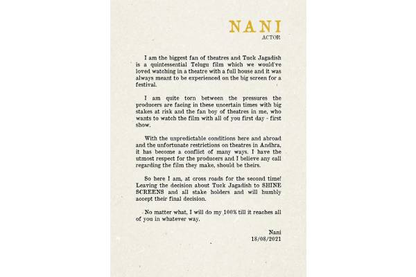 Nani's heart-touching message about Tuck Jagadish